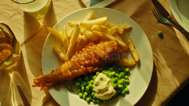 Golden Hour Fish and Chips Dinner Setting Stock Illustration ...