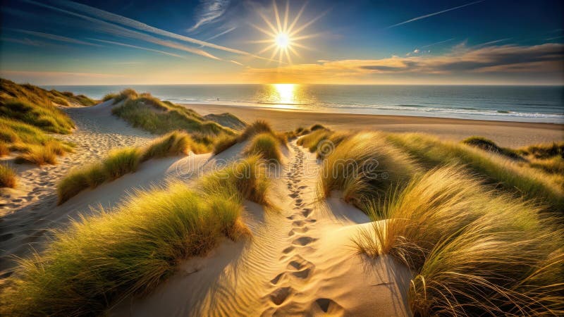Golden Hour Footprints on a Sandy Dune Path Leading To the Ocean ...