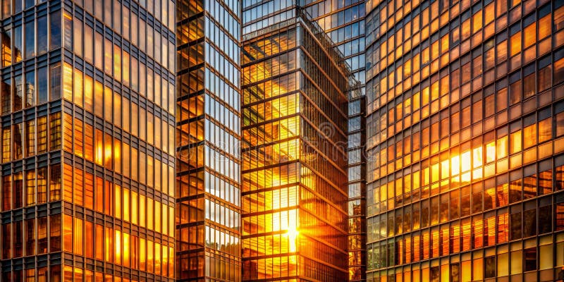 Golden Hour Glass Towers Sunset Reflection Stock Illustration - Illustration of towers, gleam ...