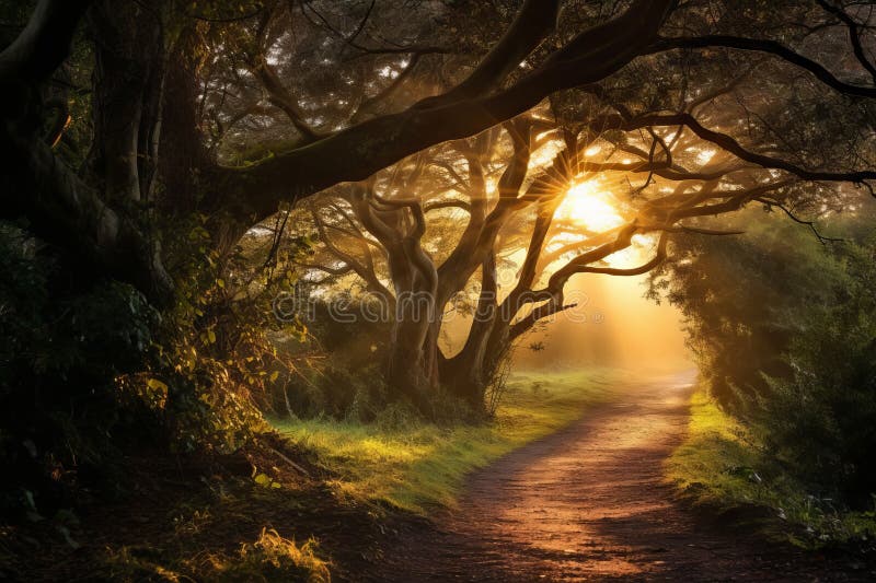 The Golden Hour Glow on a Country Path Stock Illustration ...
