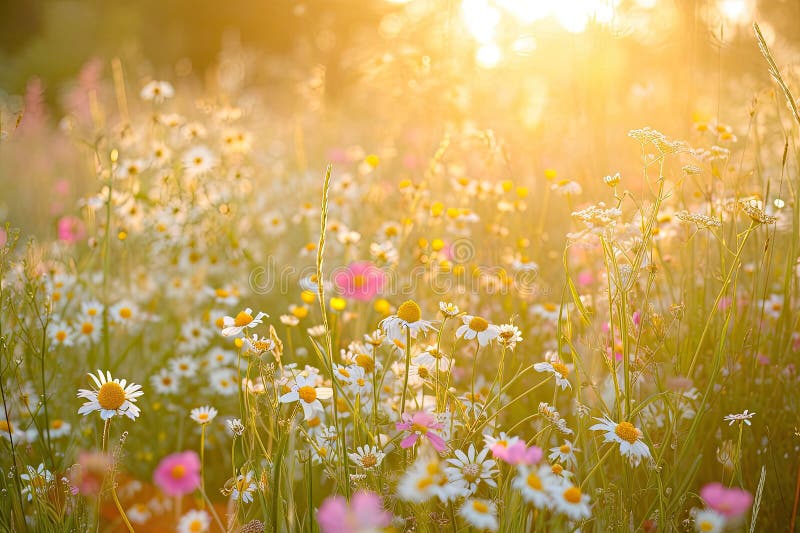 Golden Hour Glow on a Field of Wildflowers Stock Image - Image of ...