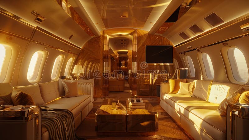 Golden Hour Glow in a Luxurious Private Jet Interior Stock Photo ...