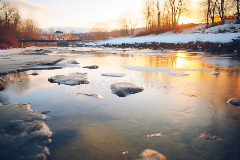 Golden Hour Glow on a Partially Iced River Stock Photo - Image of ...