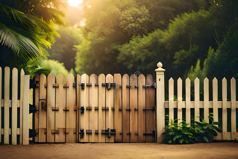 Golden Hour Glow on Rustic Wooden Gate Amidst Lush Greenery Stock ...