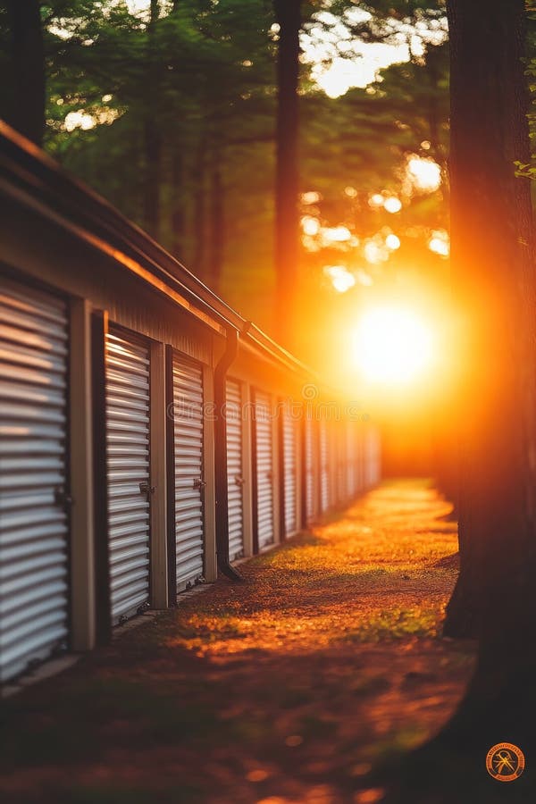 Golden Hour Glow on Self Storage Units, White Doors Illuminate with ...