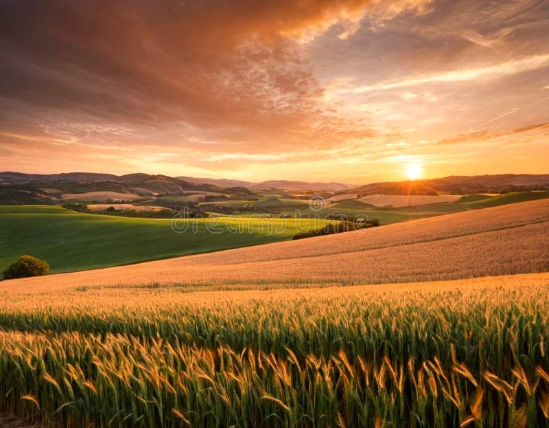 Golden Hour Harvest Rolling Fields of Ripened Wheat Stock Illustration ...