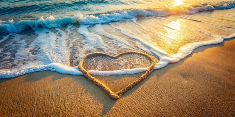 Golden Hour Heart on Sandy Beach, Ocean Waves Gently Lap the Shore ...