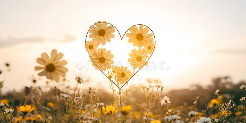 Golden Hour Heart Shaped Frame of Daisies in a Sunny Field Stock ...