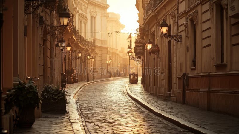 Golden Hour Illuminates Charming Cobblestone Street Stock Illustration ...