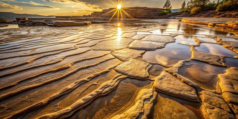Golden Hour Illuminates Sculpted Rock Pools and Striated Formations ...