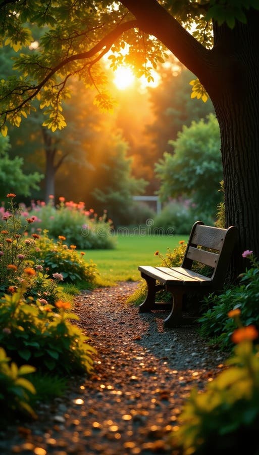Golden Hour Illuminates Tranquil Garden Scene with Inviting Bench Path ...