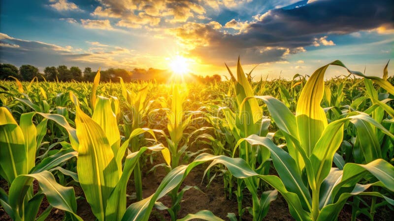 Golden Hour Illumination in a Lush Cornfield, Bathed in the Warmth of a ...