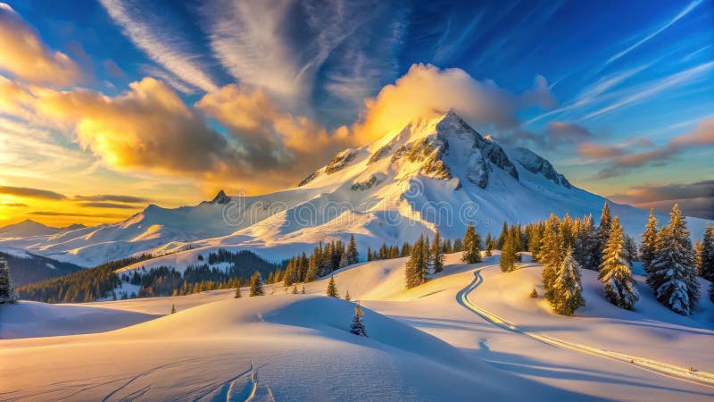 Golden Hour Illumination on a Snowy Mountain Peak. Generative AI Stock ...