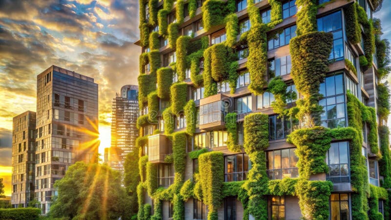 Golden Hour Illumination of a Verdant Modern Building Complex ...