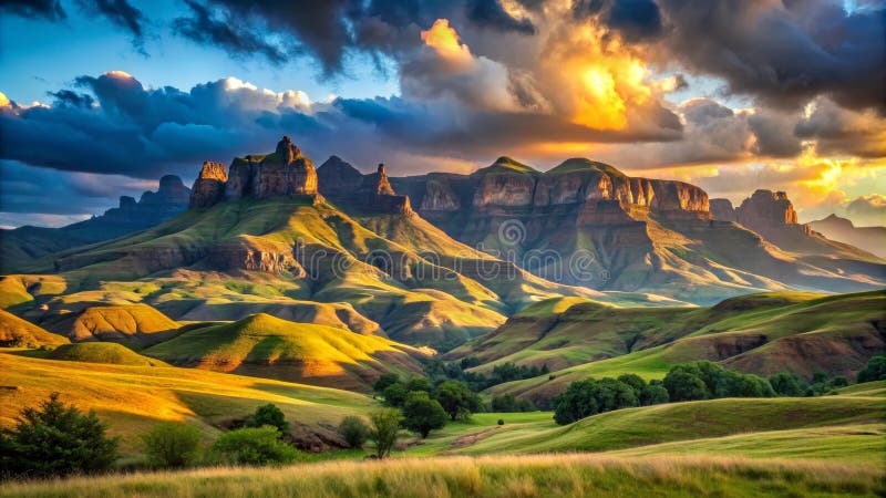 Golden Hour Landscape Featuring Dramatic Mountain Range and Rolling ...