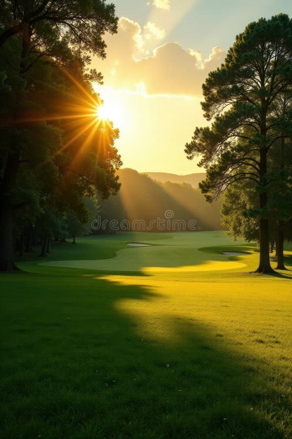Golden Hour Light Bathes the Green, Casting Long Shadows from Golf ...