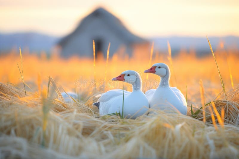 Golden Hour Light on Geese with Nest in Open Field Stock Photo - Image ...
