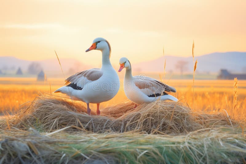 Golden Hour Light on Geese with Nest in Open Field Stock Image - Image ...