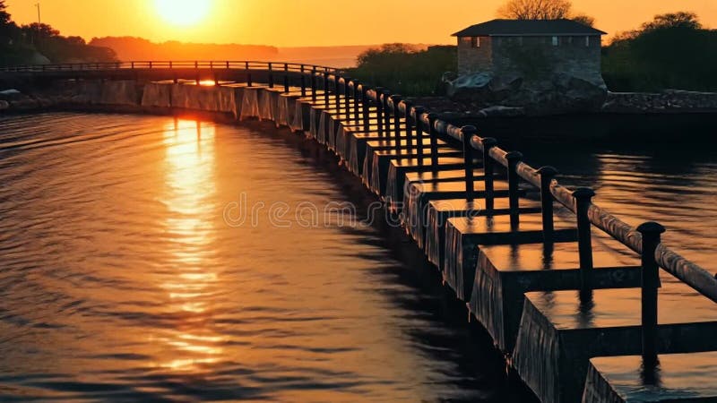 Golden Hour Over a Bridge with Railing at Dusk, Reflections on the ...