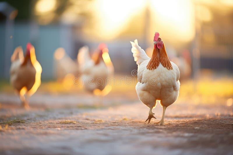 Golden Hour Lighting on Hens Pecking in an Outdoor Run Stock Photo ...