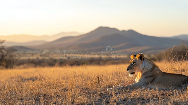 Golden Hour Lioness in African Savanna Realistic Image Stock Image ...