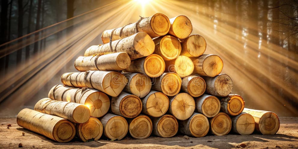 Golden Hour Lumber Stack a Pyramid of Sunlit Logs in a Forest Setting ...