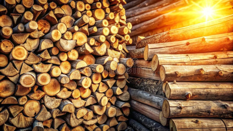 Golden Hour Lumber Stack a Rustic Composition of Wood Logs Basking in ...
