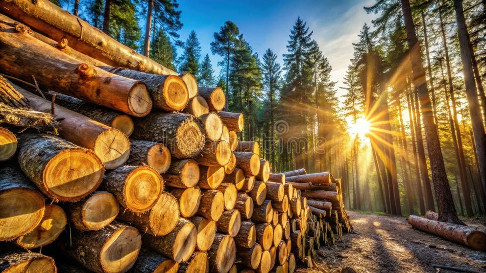 Golden Hour Lumber Stack in a Sunlit Forest. Generative AI Stock ...