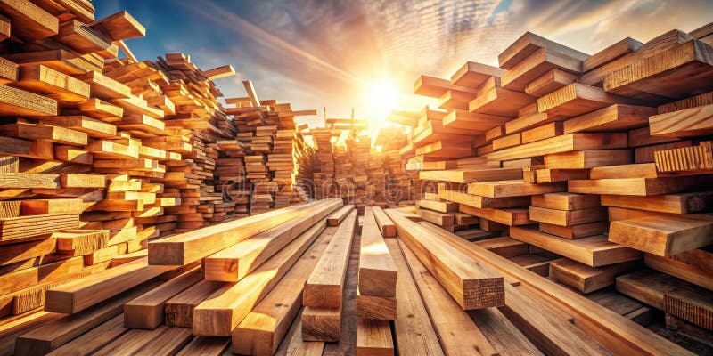 Golden Hour Lumber Stack a Vast Collection of Rectangular Wood Beams ...