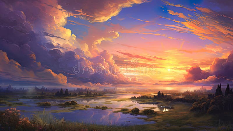 Golden Hour Magic: Sunset Paints the Clouds with Hues of Violet and ...