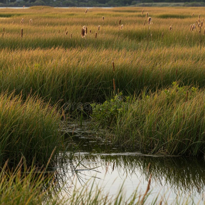 Golden Hour Marsh Landscape with Reeds and Still Water Stock ...