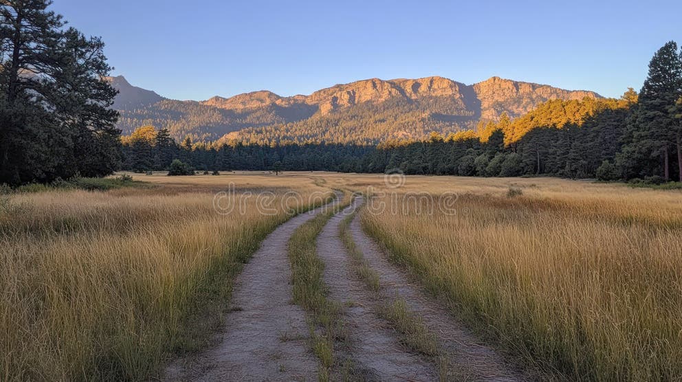 Golden Hour Meadow Path To Mountains Stock Image - Image of scenic ...