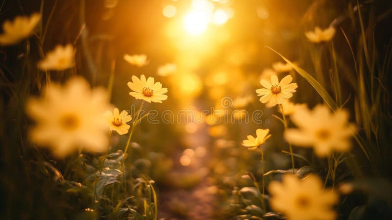 Golden Hour Meadow Path: Yellow Flowers at Sunset Stock Illustration ...
