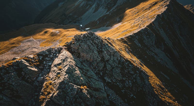 Golden Hour Mountain Ridge: Rugged Rock Formations and Dramatic Shadows ...