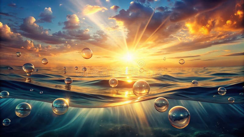 Golden Hour Ocean Reflections Sunbeams Dance on Water Surface, Mirrored in Shimmering Bubbles ...