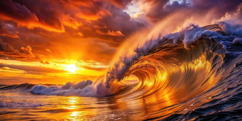 Golden Hour Ocean Wave a Dramatic Sunset Seascape. Generative AI Stock ...