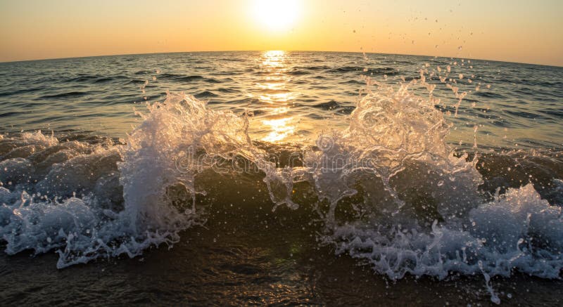 Golden Hour Ocean Wave Splashing on Sandy Beach Stock Illustration ...