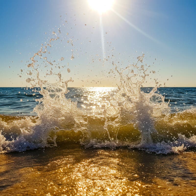 Golden Hour Ocean Wave Splashing on Sandy Beach Stock Illustration ...