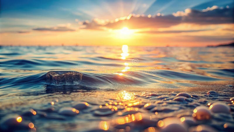 Golden Hour Ocean Wavelets a Close-up View of Sparkling Water at Sunset ...