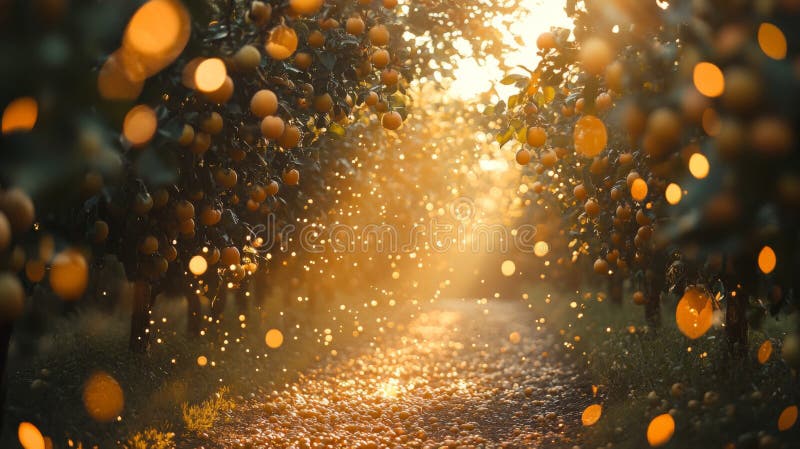 Golden Hour in an Orange Grove Stock Illustration - Illustration of ...