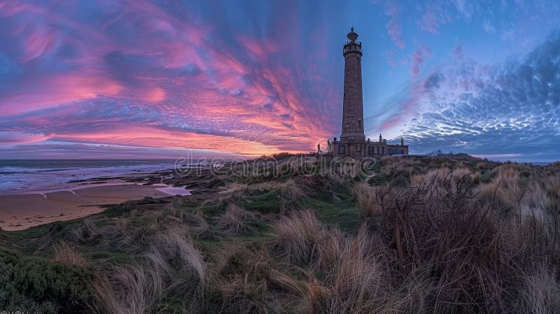 Golden Hour Panorama of a Majestic Lighthouse on a Sandy Beach with ...
