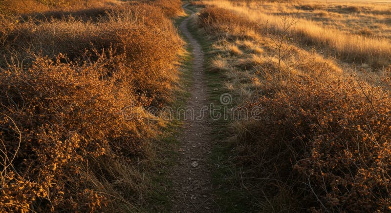 Golden Hour Path through Autumn Grassland Stock Illustration ...