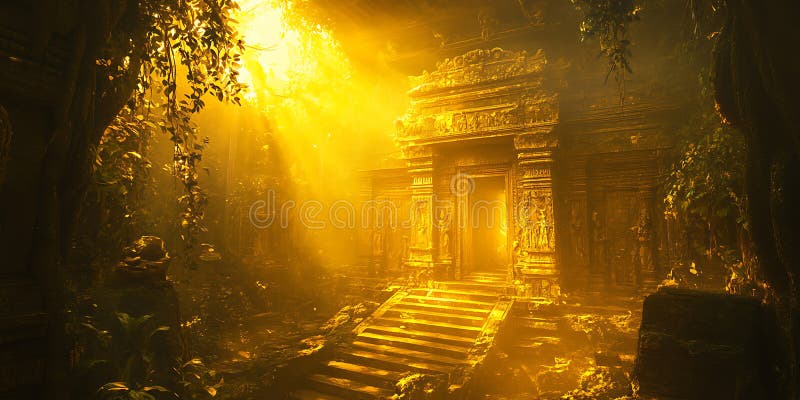 Golden Hour Pathway Mystical Forest Scene Stock Illustration - Illustration of ambient ...