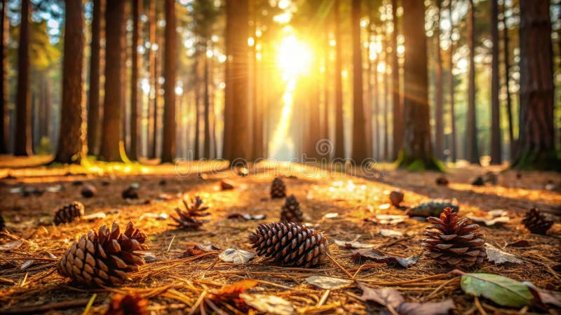 Golden Hour in a Pine Forest Sunlit Path with Scattered Pine Cones ...