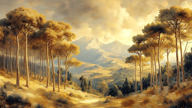 Golden Hour Pines, Mountain Valley Path, Sunset Landscape Art Stock ...