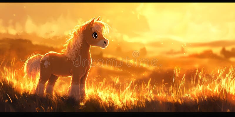 Golden Hour Pony in a Field of Fire Stock Illustration - Illustration ...