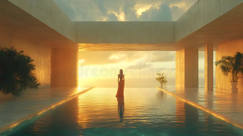 Golden Hour by the Pool - 3d Illustration Stock Illustration ...
