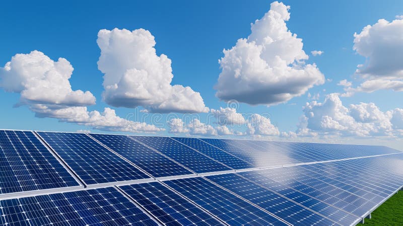 The Golden Hour Presents a Solar Panel Field Reflecting Sunlight Under ...