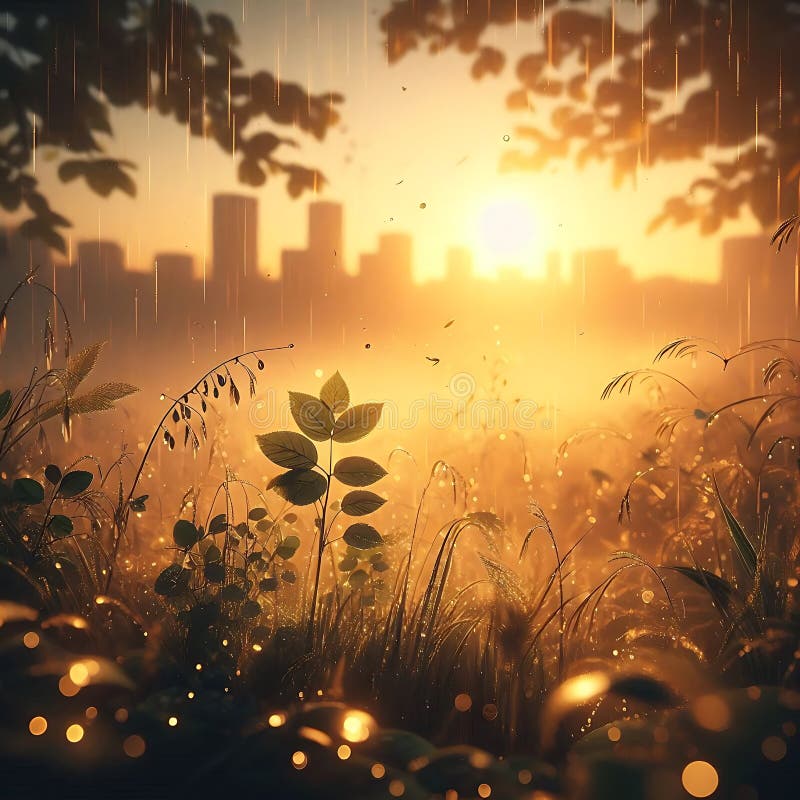 Golden Hour Rain Glowin Leaves Cityscape Stock Illustration ...