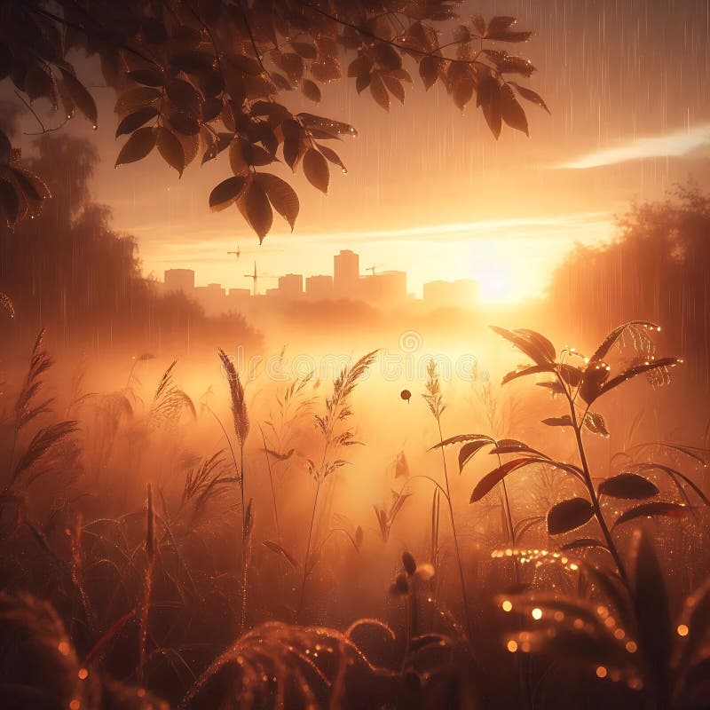 Golden Hour Rain Glowing Leaves Cityscape Stock Illustration ...